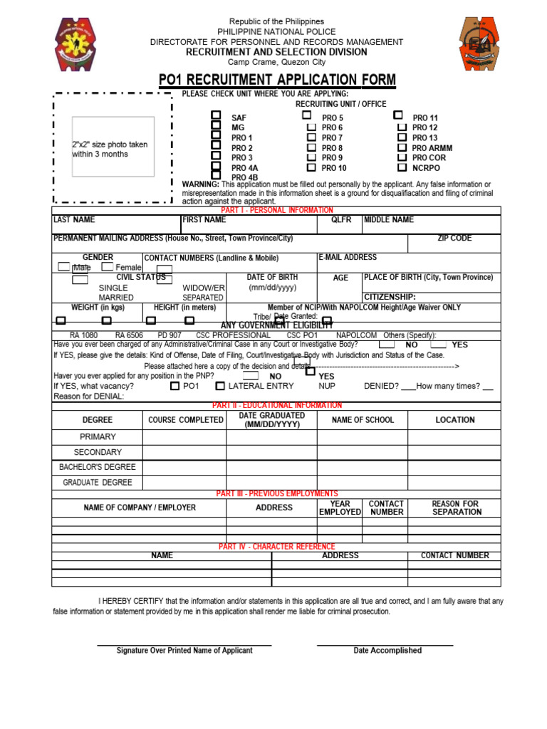 PNP Recruitment Application Form | PDF