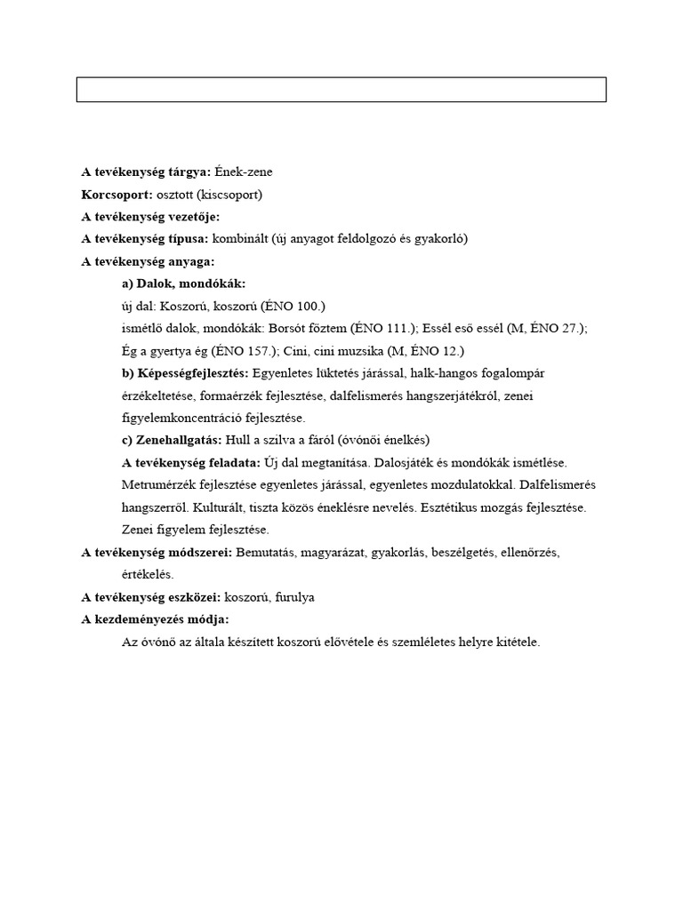 Kiscsoport ÉNEK TEV. TERVEZET | PDF