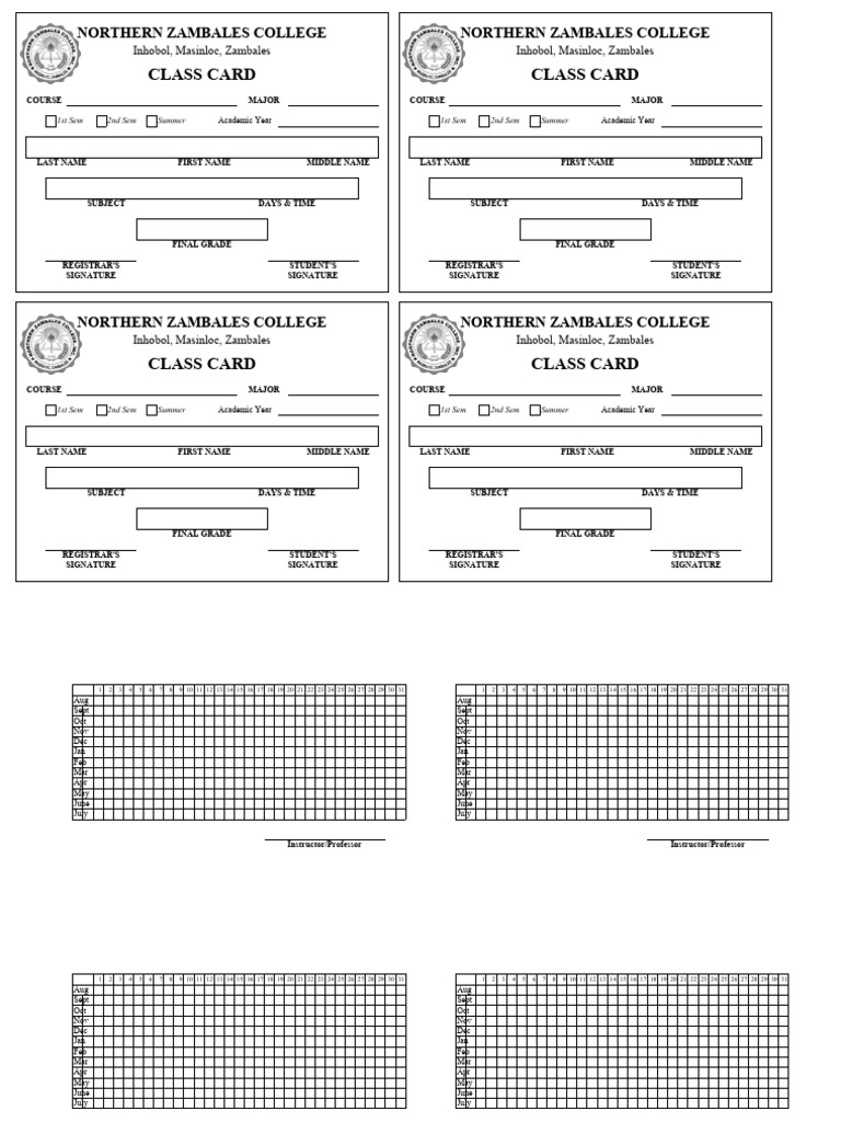 College Class Card Template | PDF
