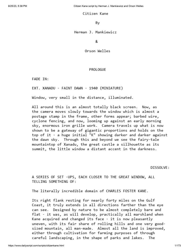 Citizen Kane Script by Herman J. Mankiewicz and Orson Welles | PDF