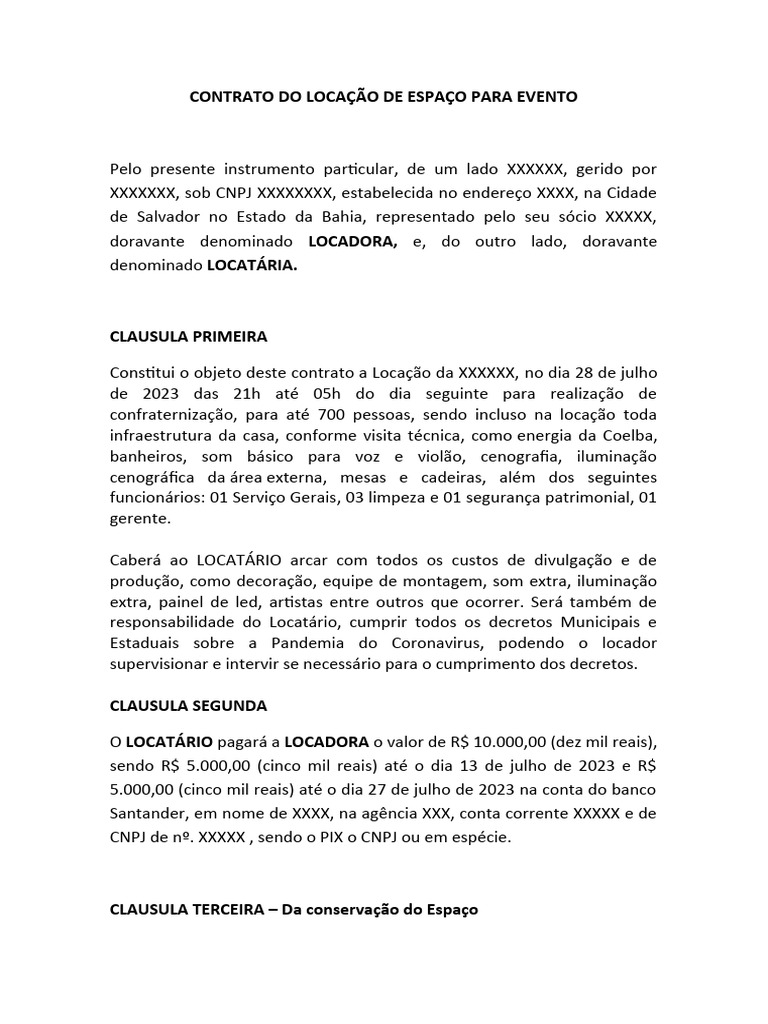 Contrato Do Locação de Espaço para Evento - Modelo | PDF