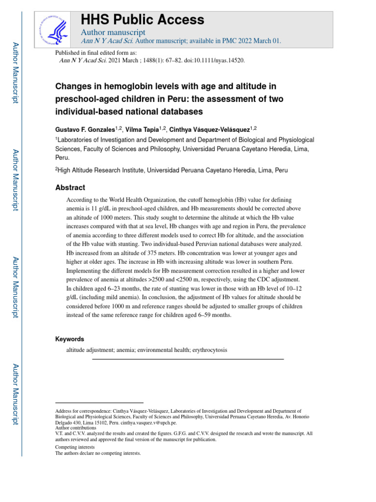 Changes in Hemoglobin Levels With Age and Altitude in Preschool-Aged ...