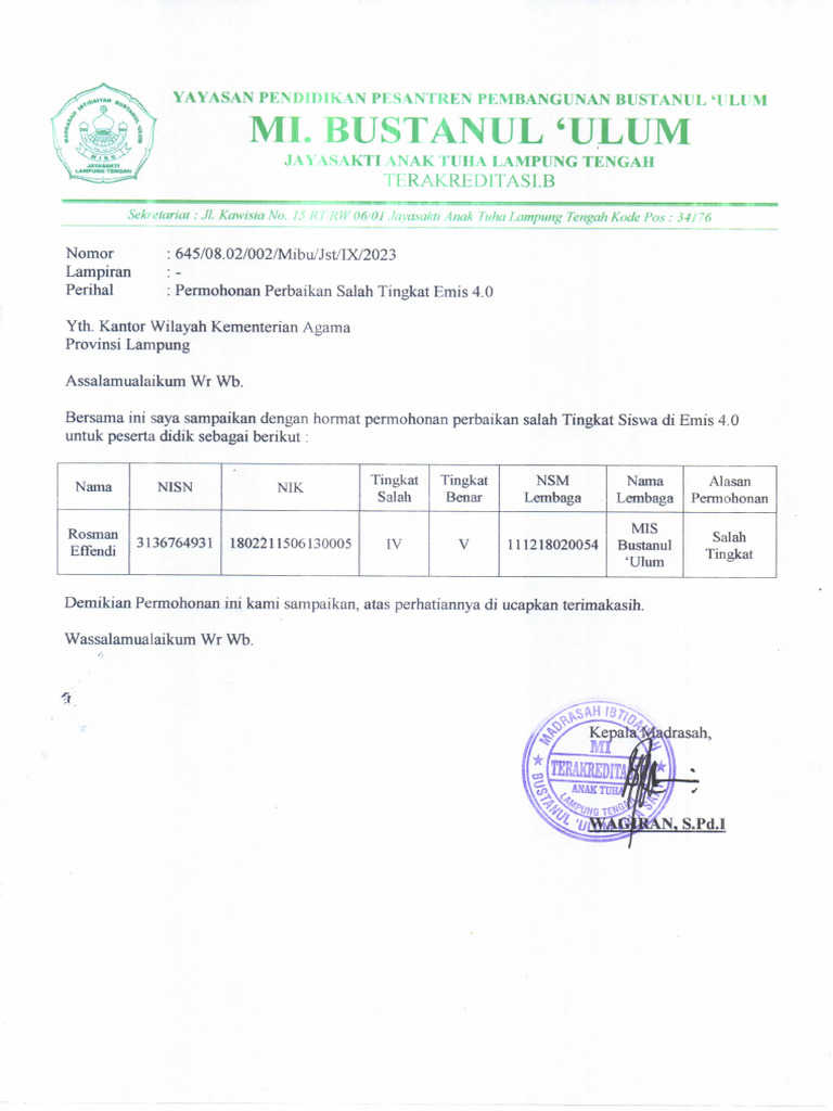 Surat Permohonan Perbaikan Salah Tingkat Emis 4.0 | PDF Surat Permohonan Perbaikan Salah Tingkat Emis 4.0 | PDF