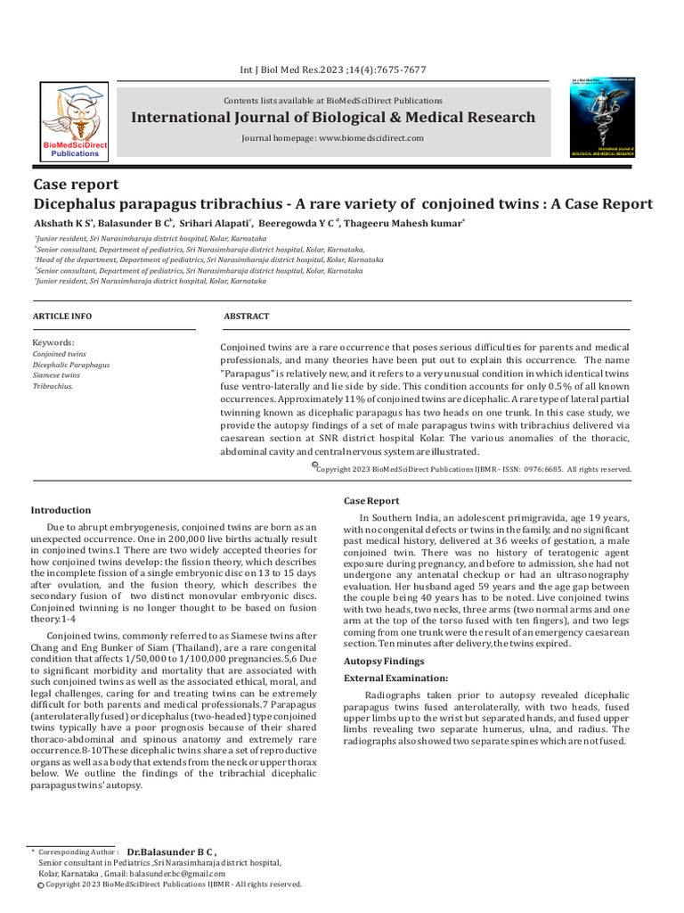 Dicephalus Parapagus Tribrachius - A Rare Variety of Conjoined Twins a ...