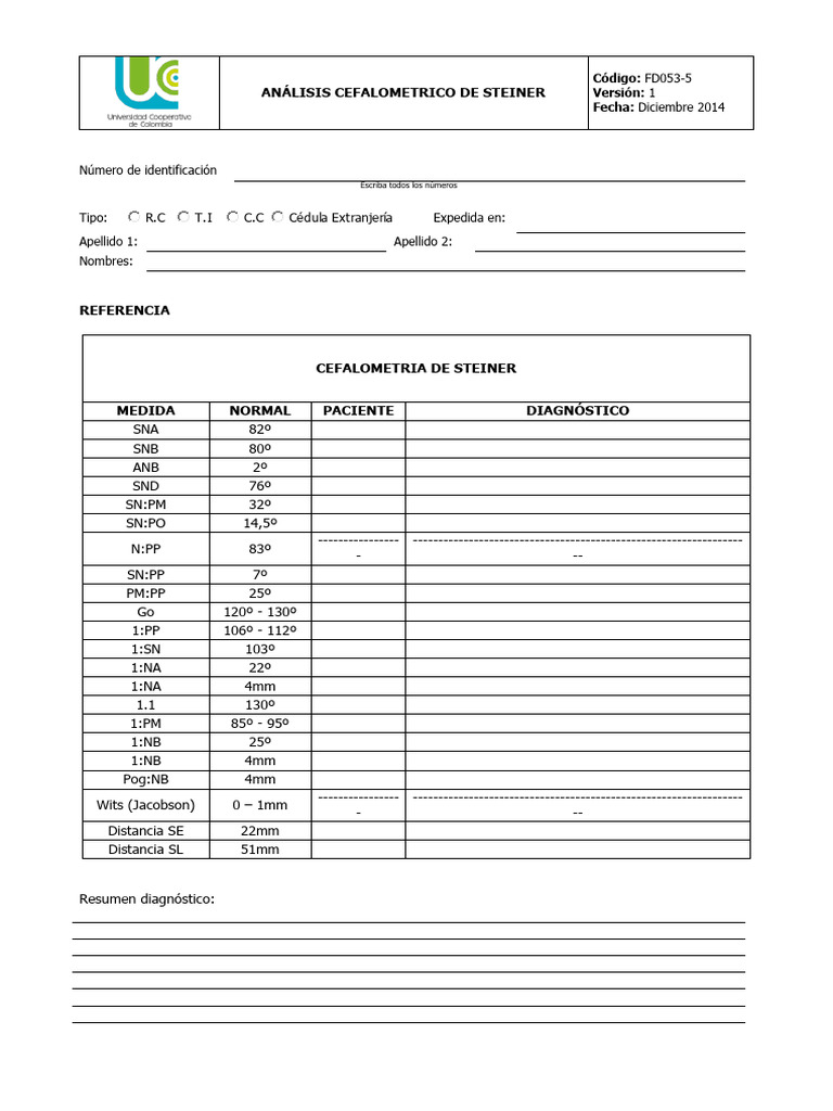 Formato Análisis Cefalométrico de Steiner | PDF