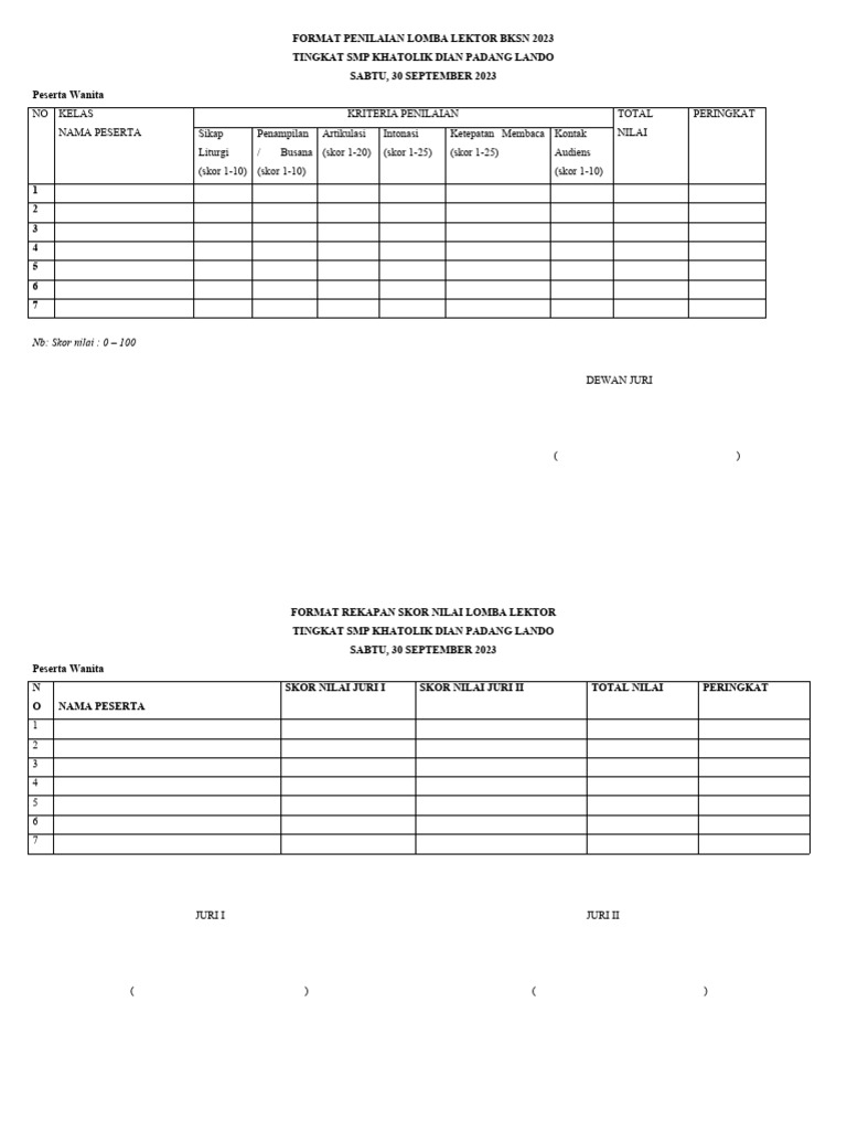 Format Penilaian Lomba BKSN 2023 - SMP | PDF