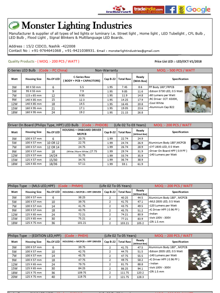 LED Bulbs & Lighting Price List | PDF
