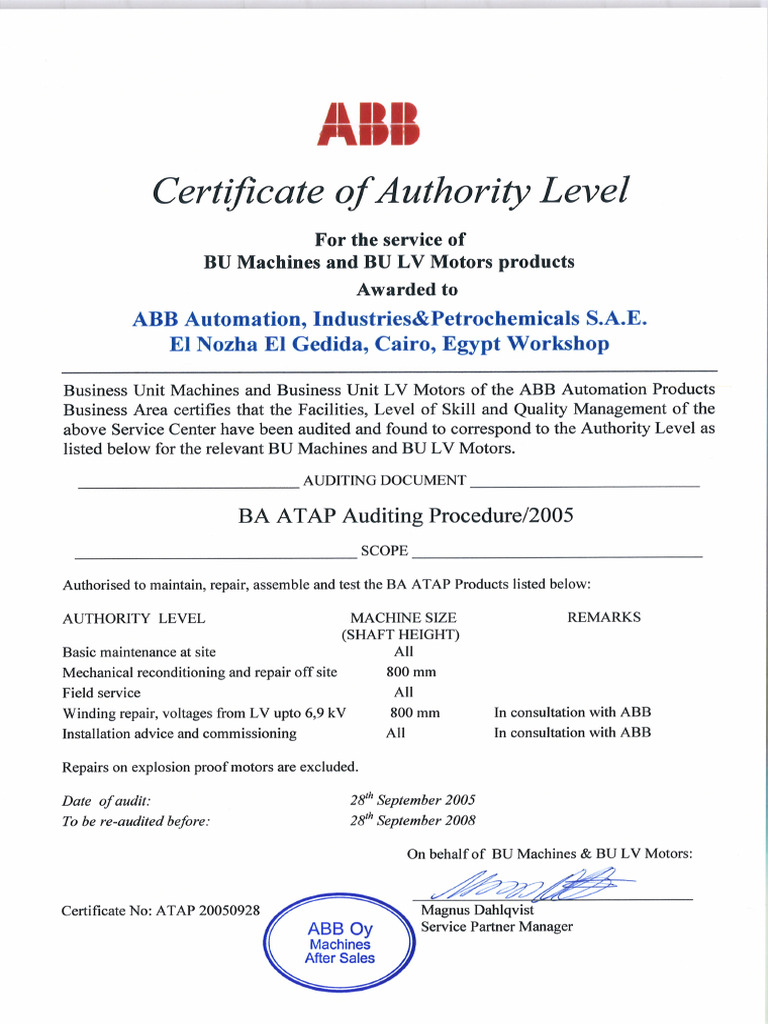 ABB Service Egypt Certifiaction 2005 | PDF
