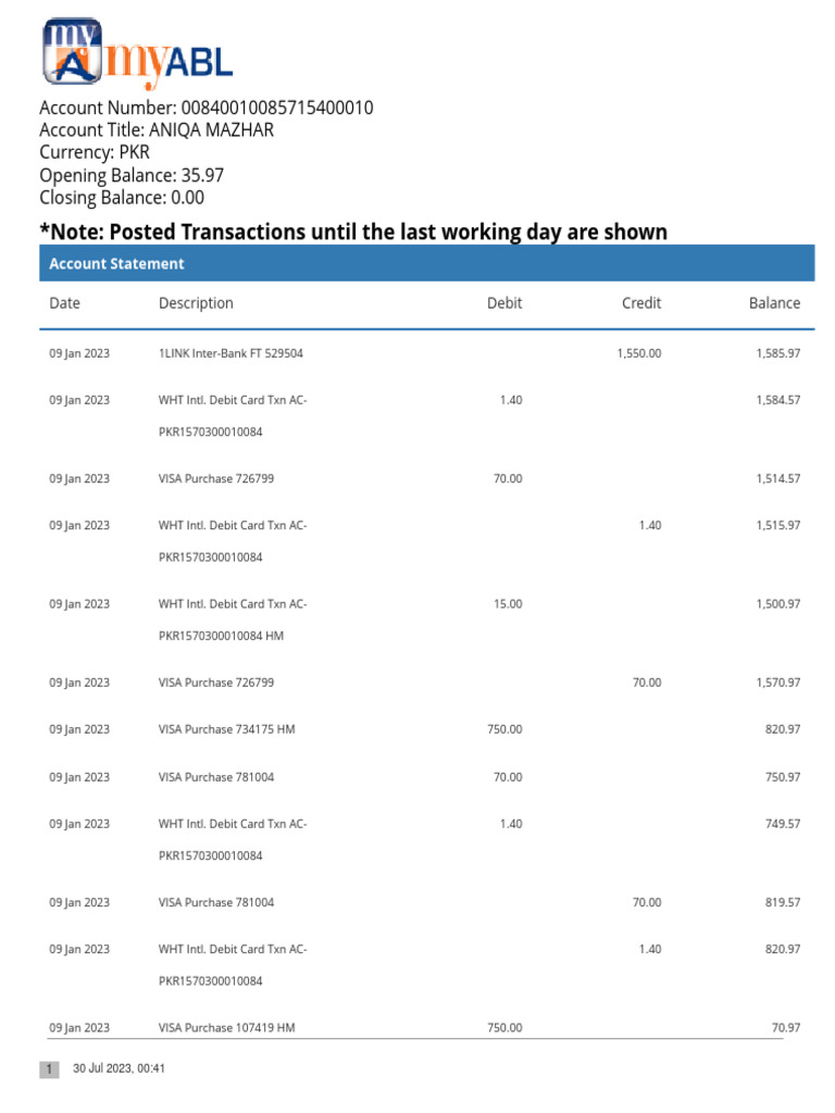 Note: Posted Transactions Until The Last Working Day Are Shown | PDF