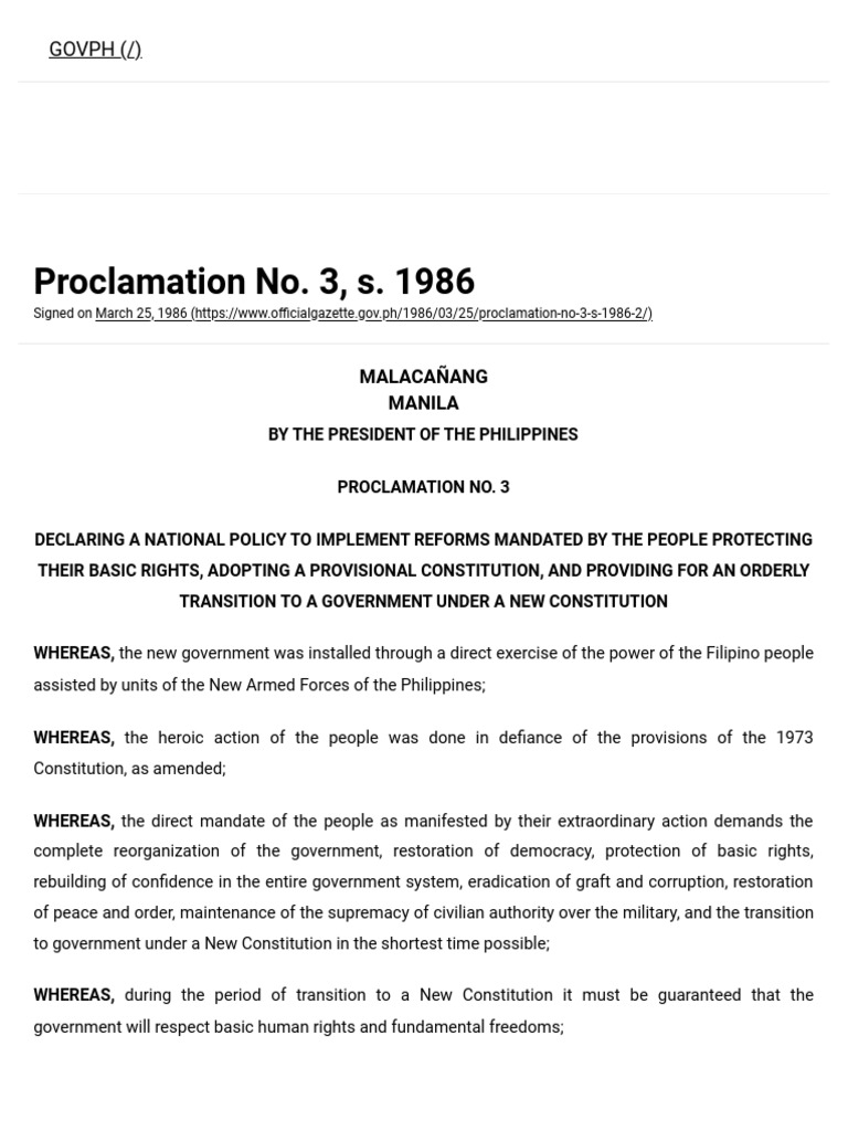 Proclamation No. 3, S. 1986 - Official Gazette of The Republic of The Philippines | PDF