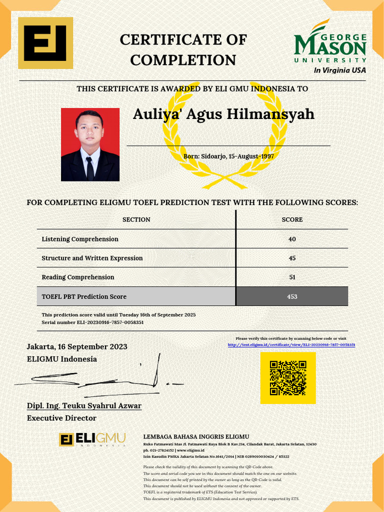 Eligmu TOEFL Prediction Certificate | PDF | Test Of English As A ...