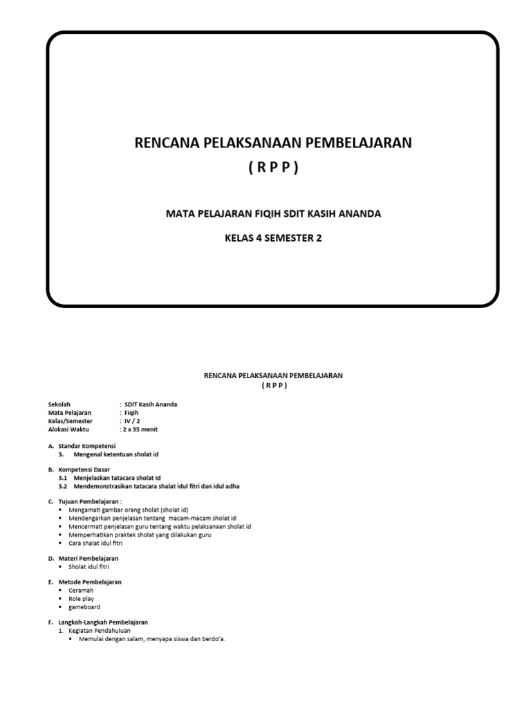 RPP Fiqih Sholat Idul Fitri | PDF