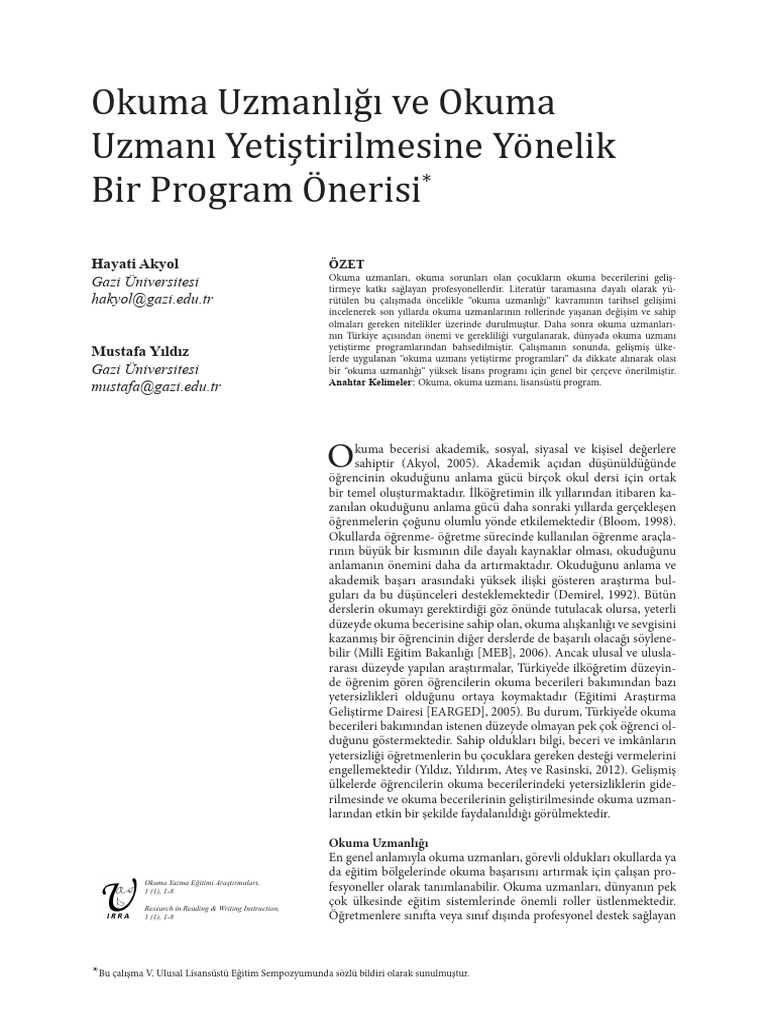 Okuma uzmanligi ve okuma uzmanani yeti__tirilmesine y__nelik bir program __nerisi - A program ...