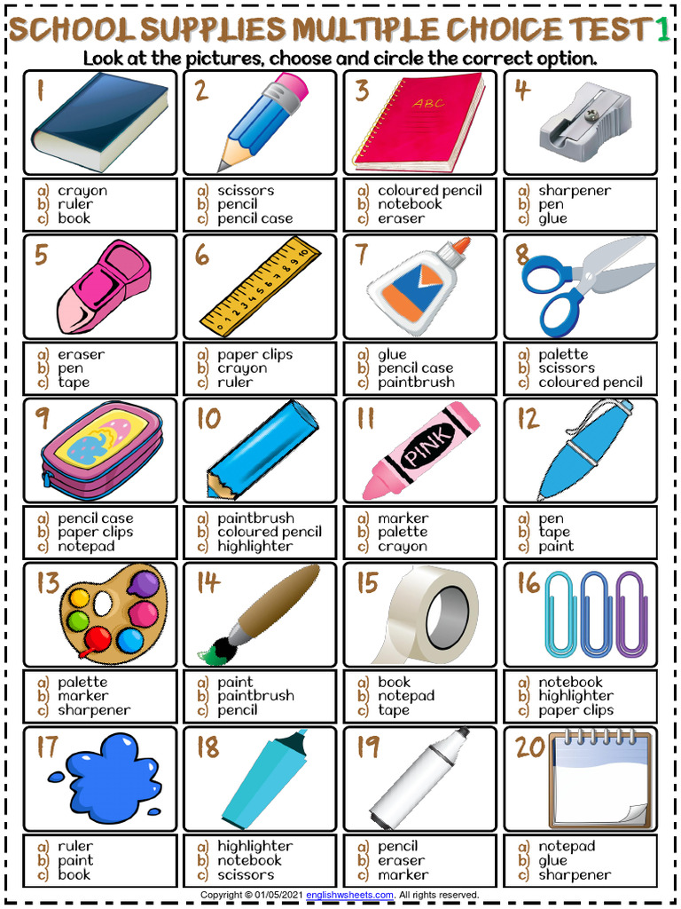 School Supplies Vocabulary Esl Multiple Choice Tests For Kids | PDF ...