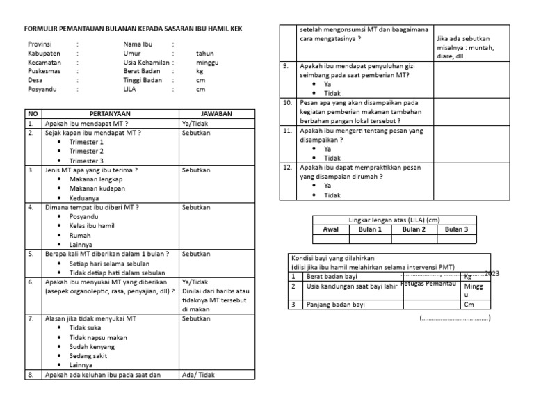 Formulir Pemantauan Bulanan Kepada Sasaran Ibu Hamil Kek | PDF | Kesehatan Holistik