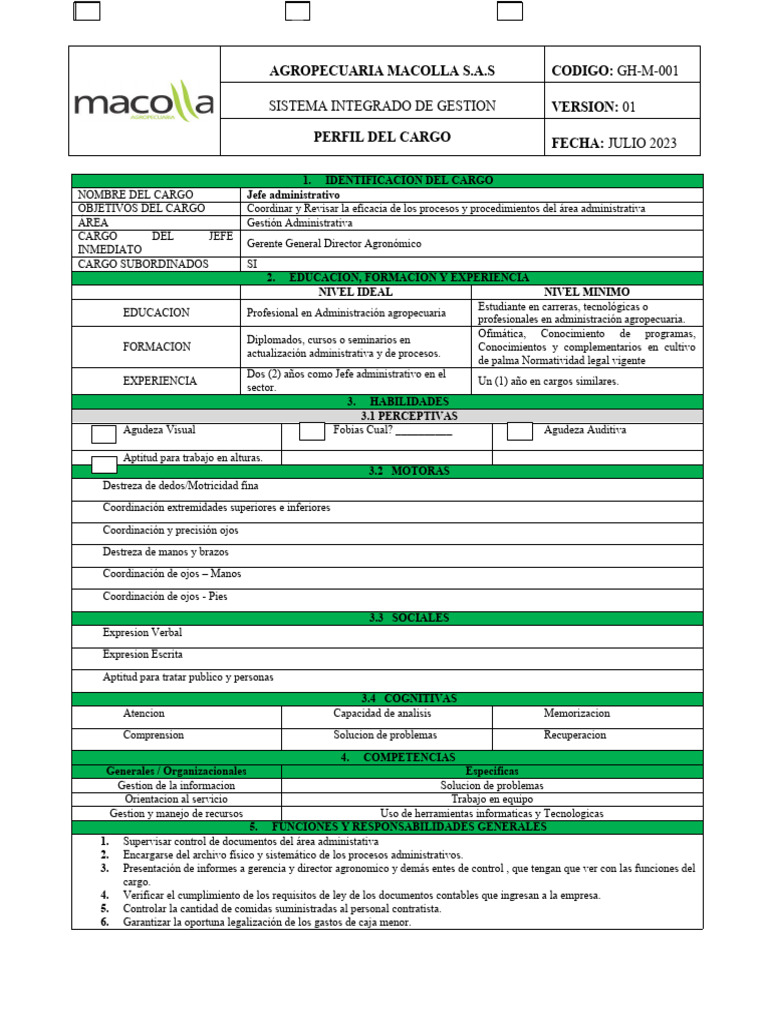 GH-MT-001 Manual de Perfiles de Cargo Jefe Administrativo | PDF