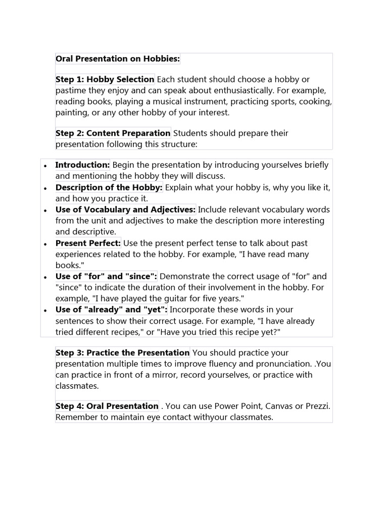Oral Presentation On Hobbies | PDF