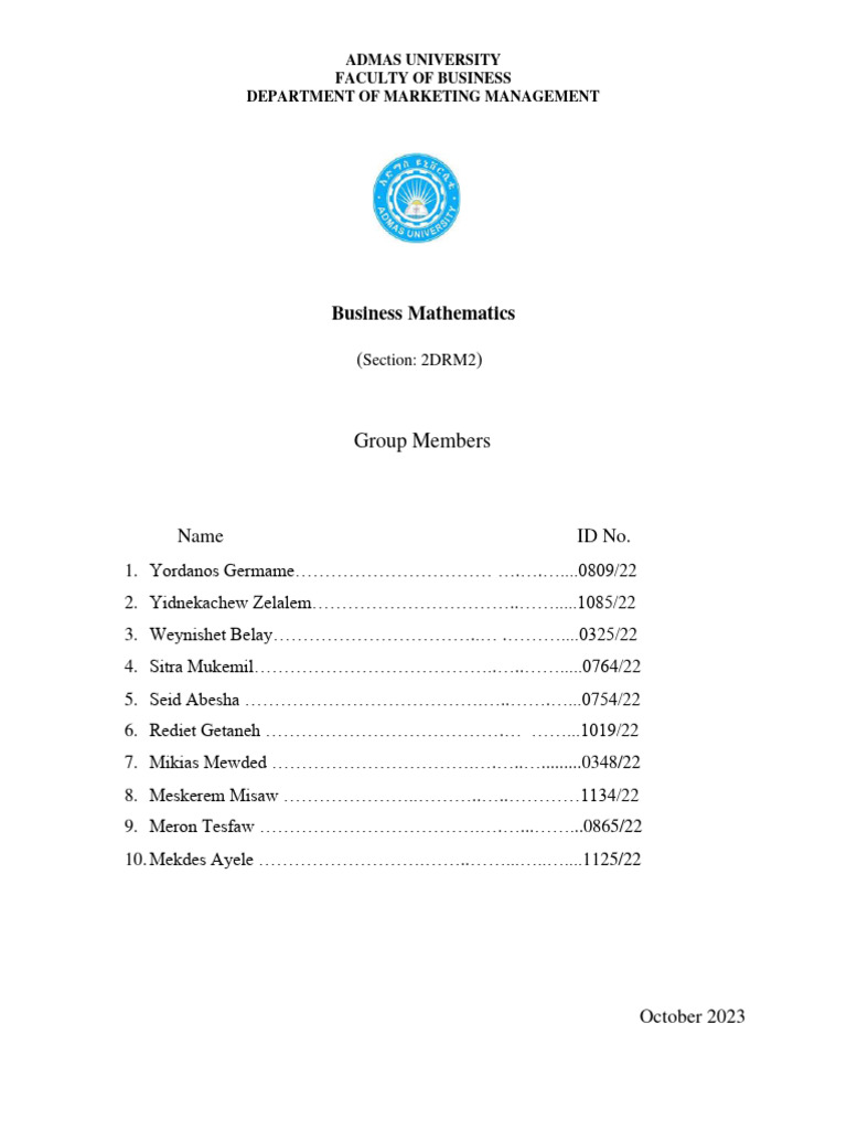 Mathematics For Management Group Assignment Cover | PDF