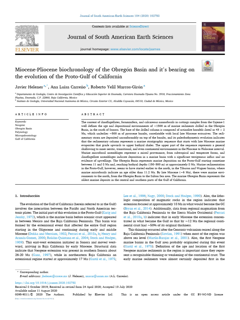 Miocene Pliocene Biochronology of The Obreg N Basin A - 2020 - Journal of South | PDF