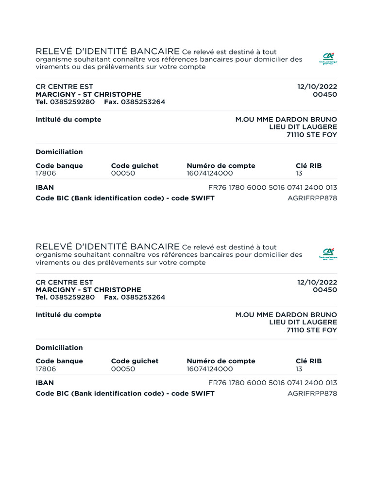 Editer Un RIB - Crédit Agricole Centre-Est 2 | PDF