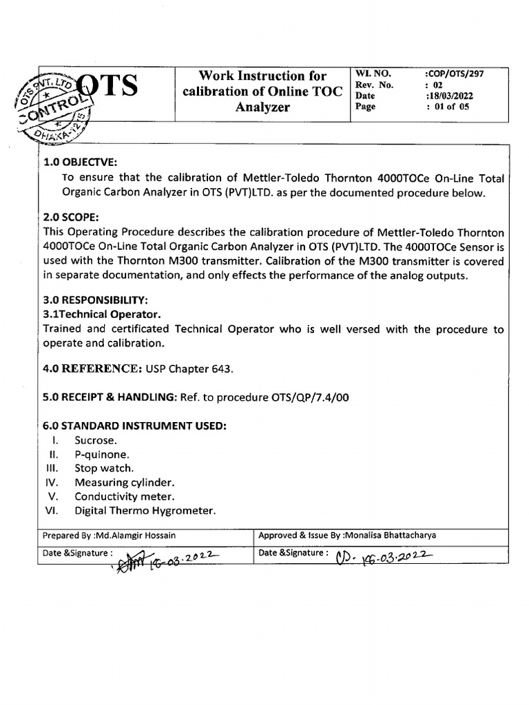 Work Instruction For Calibration of Online TOC Analyzer | PDF