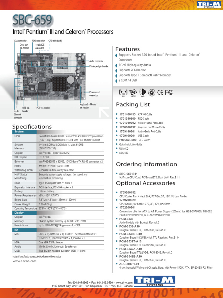 AAEON SBC 659 Datasheet | PDF | Computer Architecture | Electronics