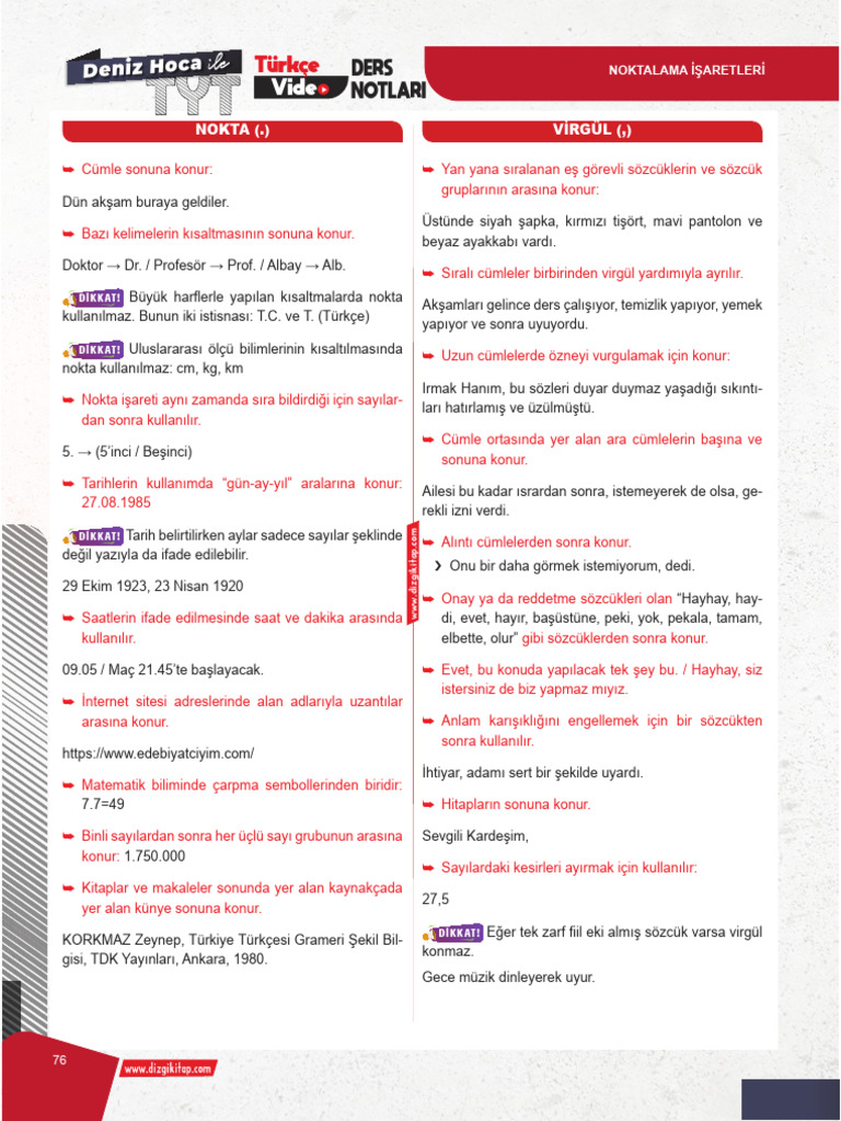 Noktalama Isaretleri Ders Notu PDF 2024 Deniz Hoca | PDF