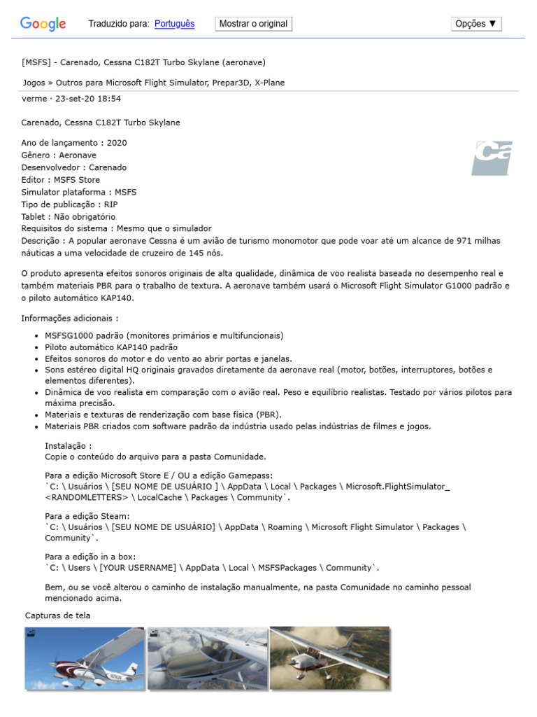 (MSFS) - Carenado, Cessna C182T Turbo Skylane (Aeronave) | PDF