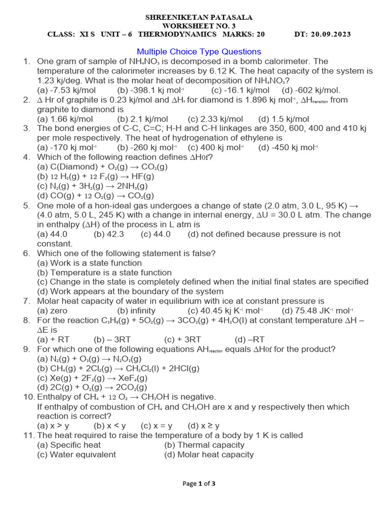 G11 Chemistry WS No. 3 Unit 6hermodynamics - 21092023 | PDF