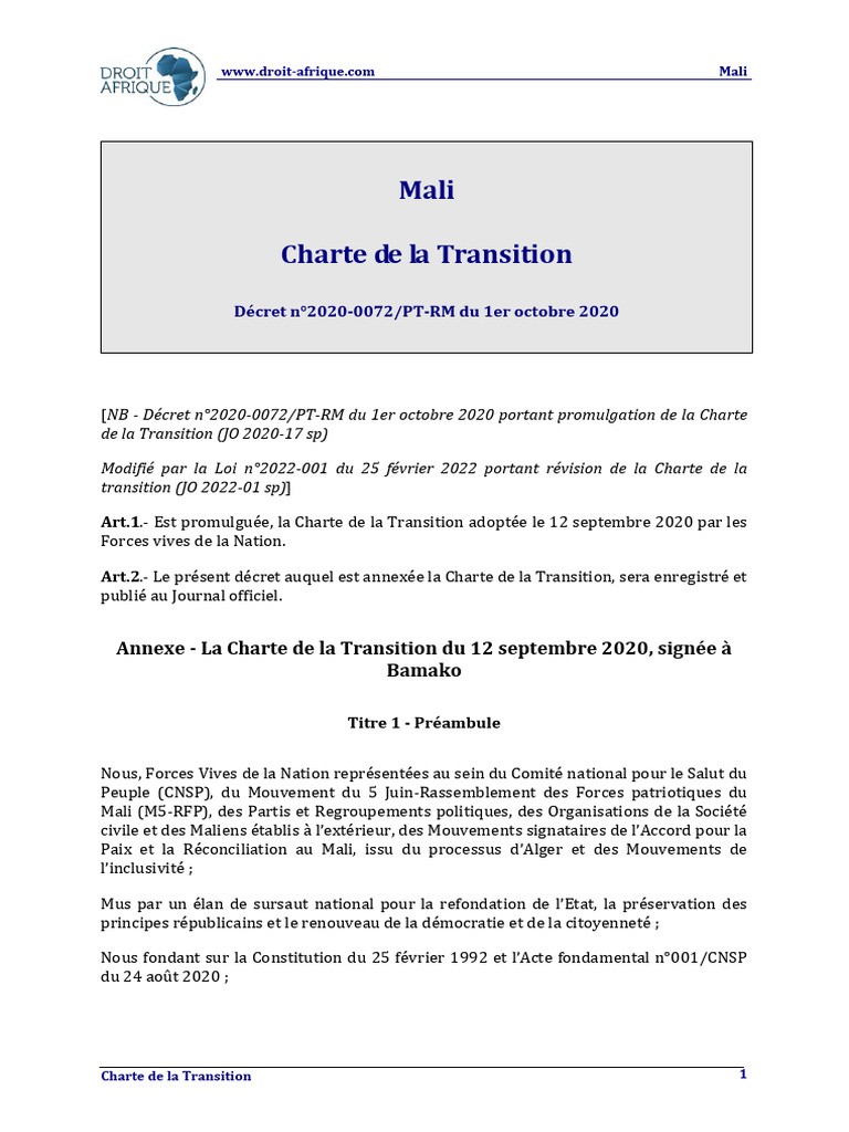 Mali Decret 2020 72 Charte Transition | PDF