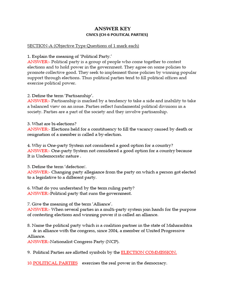 Class X Civics Chapter 6 Political Parties - KEY | PDF
