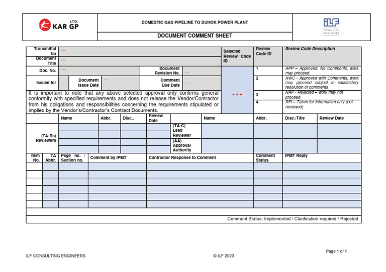 KGP2301 IPMT COMM MNG TMP 0001 R03 Document Comment Sheet Template | PDF