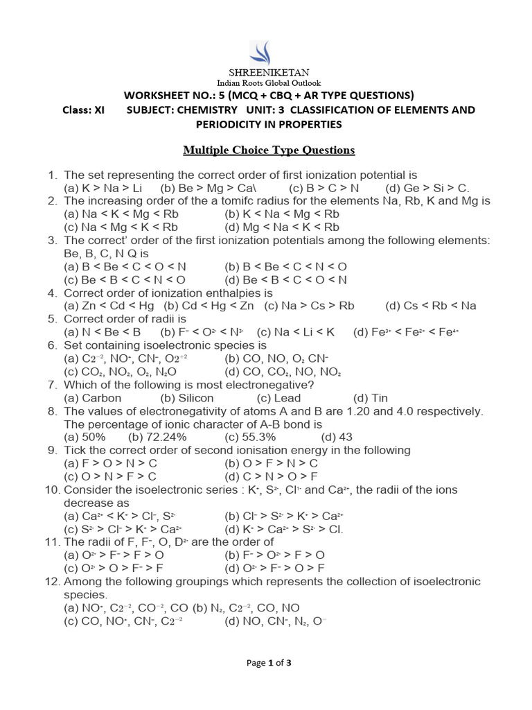 g11 Chemistry Ws No. 5 Unit 3 Classification of Elements ND Periodicity ...