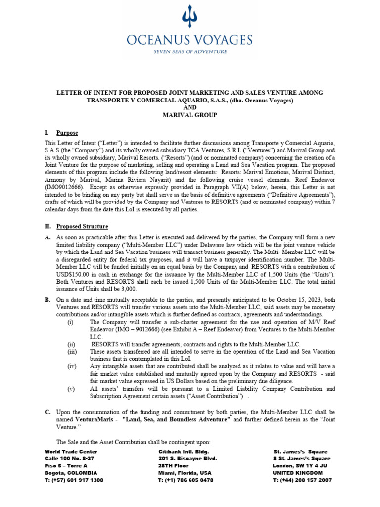LoI - Marival Resorts + Oceanus Voyages | PDF