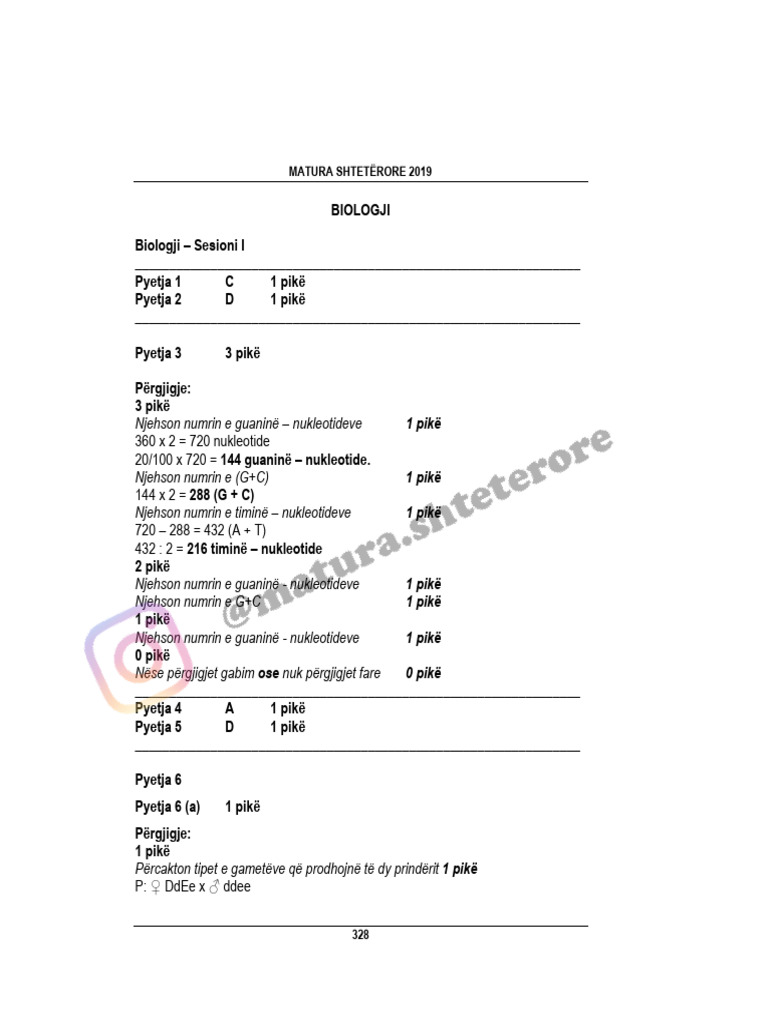 Skema e Vleresimit Biologji Sesioni 1 | PDF