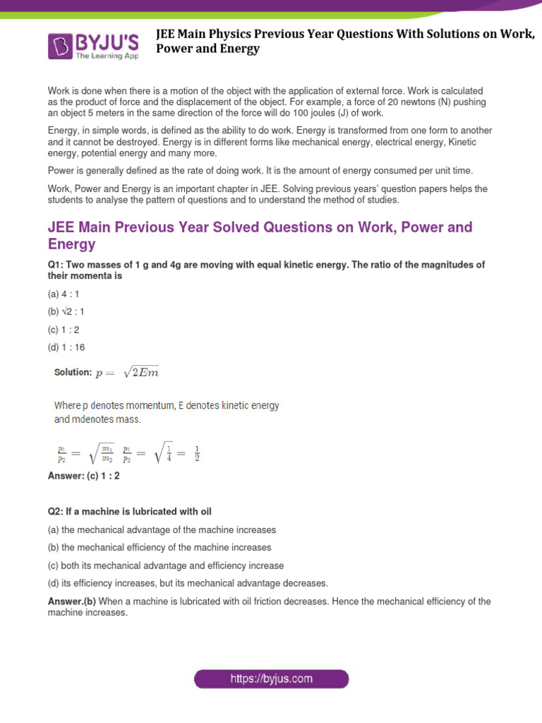 JEE Main Physics Previous Year Questions With Solutions On Work Power ...