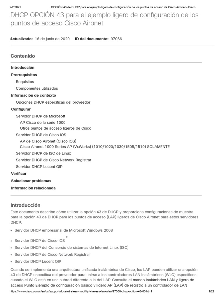 OPCIÓN 43 de DHCP para El Ejemplo Ligero de Configuración de Los Puntos de Acceso de Cisco ...
