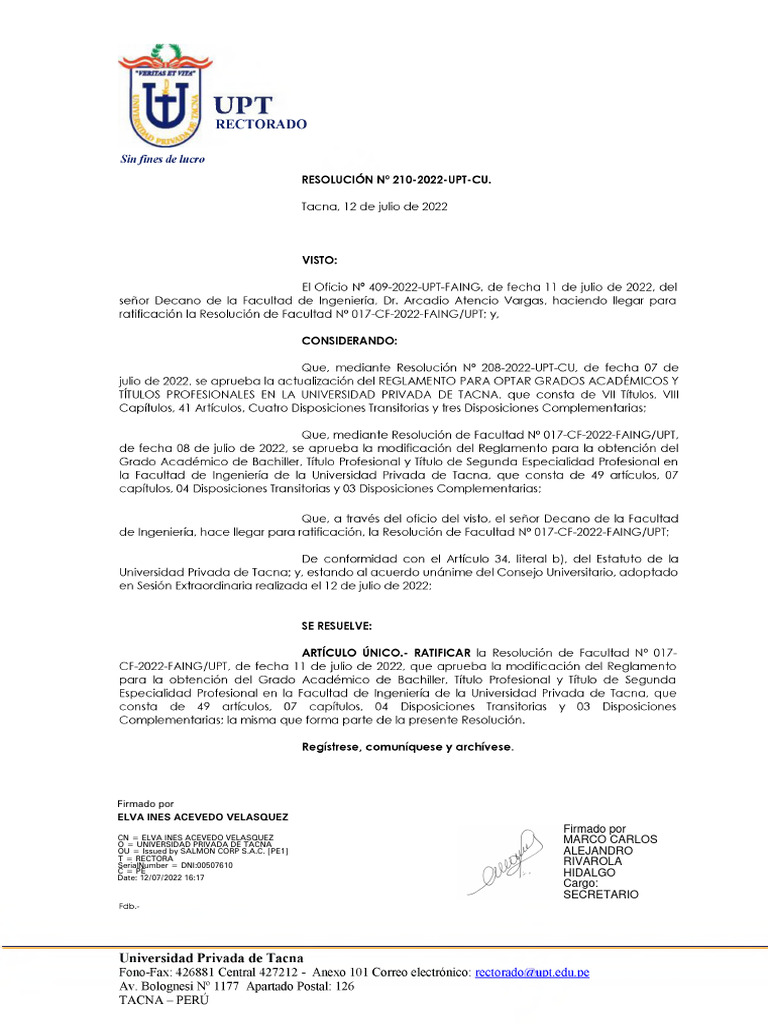 R.210-2022-Upt-Cu Reglamento de Grados y Titulos Faing | PDF