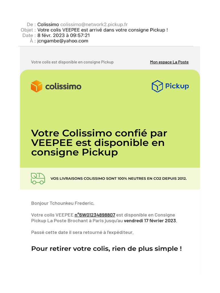 Votre Colis VEEPEE Est Arrivé Dans Votre Consigne Pickup ! | PDF