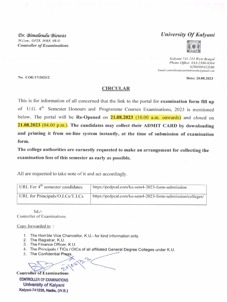 4th Semester Exam Form Fill Up Circular.2023 | PDF