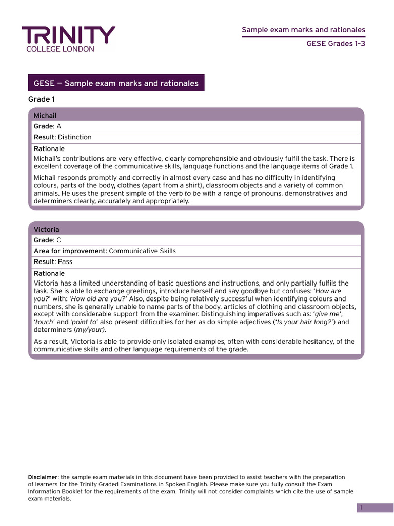 Trinity GESE Grade 1-3 sample exam marks and rationales | PDF ...