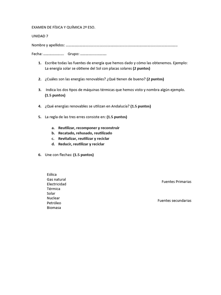 EXAMEN DE Fyq Unidad 7 2º ESO Adaptado | PDF