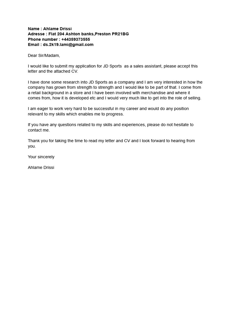 Application for JD Sports Sales Assistant | PDF