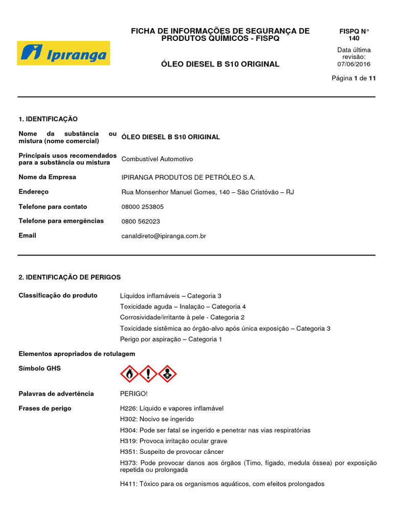 Óleo Diesel b s10 Original - Onu1202 - Rev 070616 | PDF