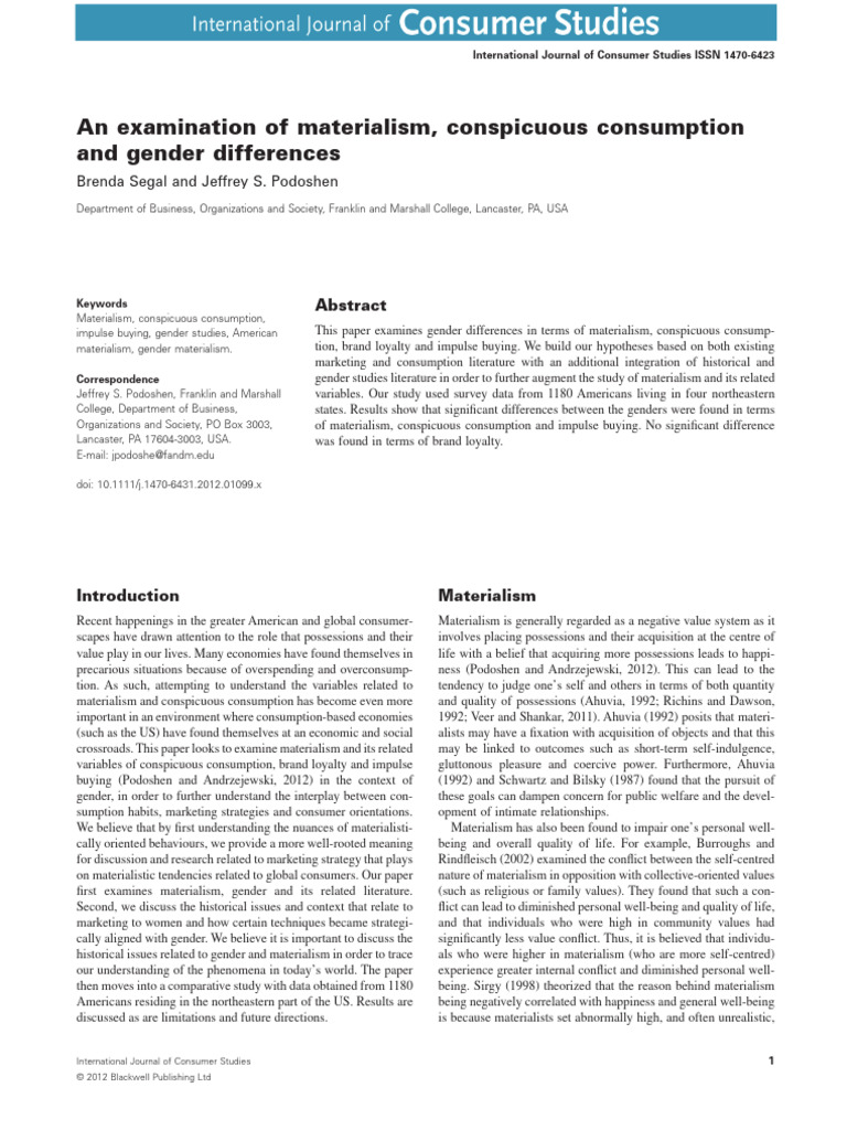 An Examination of Materialism, Conspicuous Consumption & Gender ...