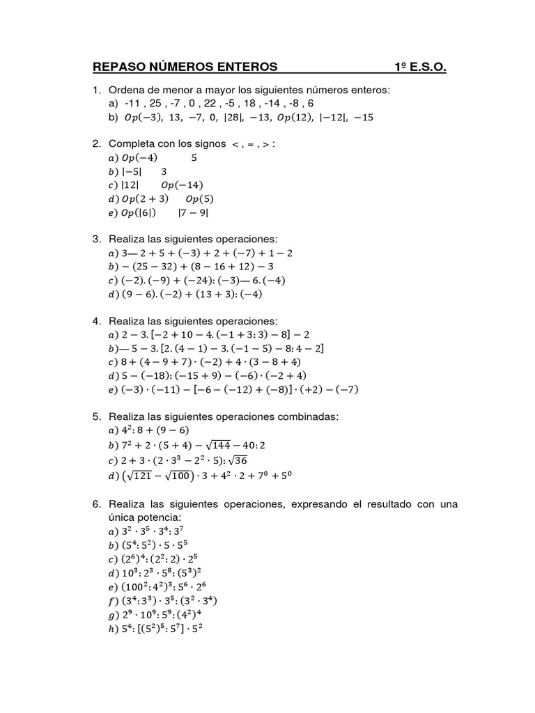 Repaso Números Enteros | PDF