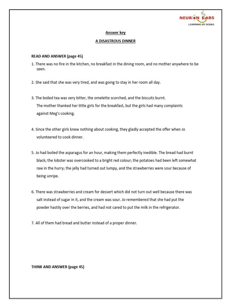 Grade 4 EnglishCh.3 The Disastrous Dinner - Textual Ans | PDF