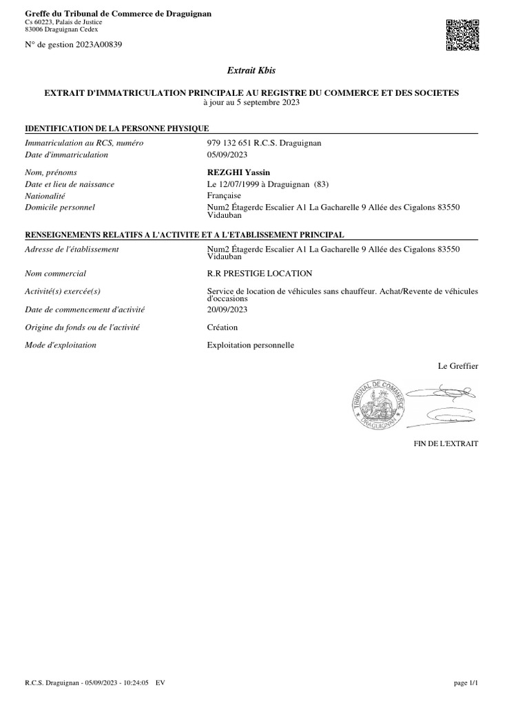 Extrait KBis - 1837507 | PDF