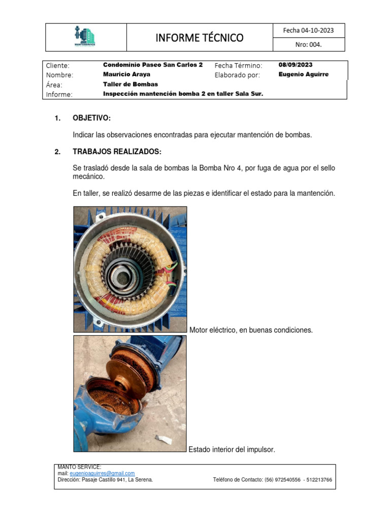 Informe Técnico, Inspección Bomba 4 en Taller | PDF