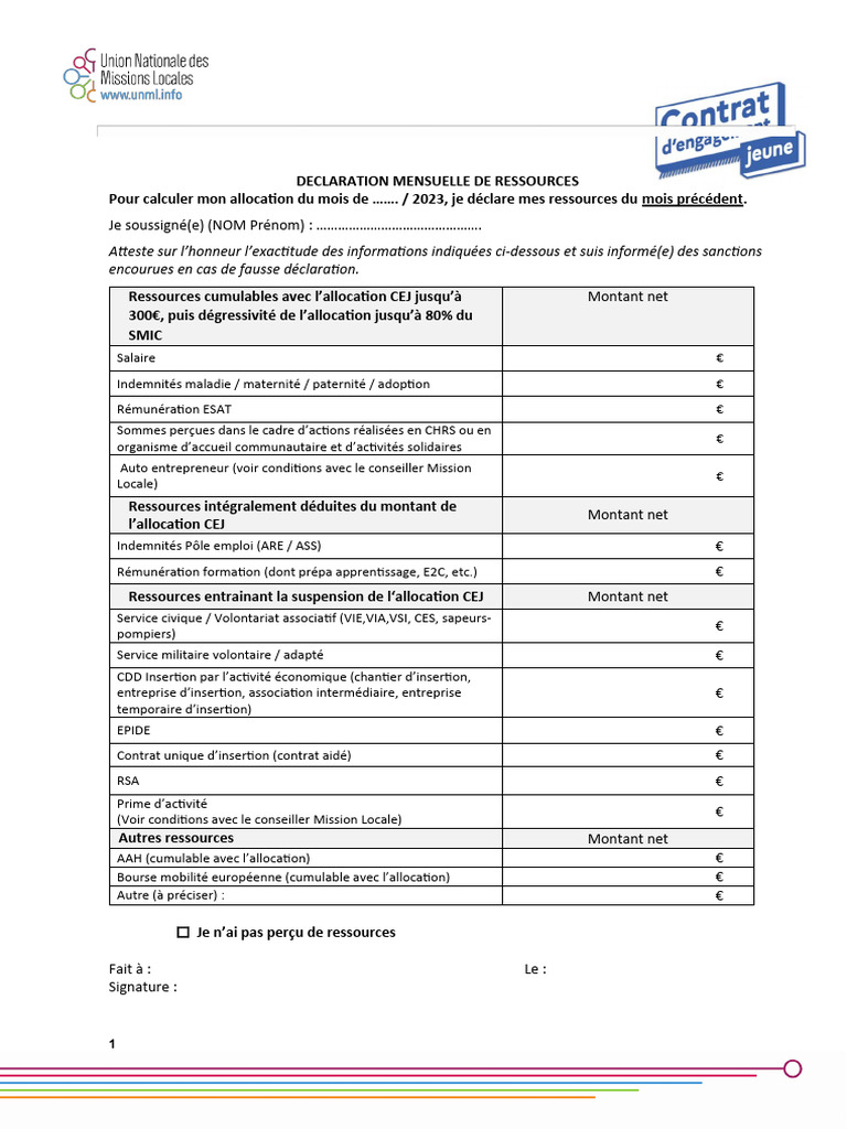 Attestation MENSUELLE DE RESSOURCES-V02 | PDF